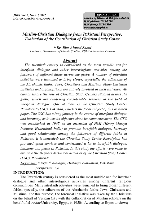 (PDF) Muslim Christian Dialogue from Pakistani perspective ...