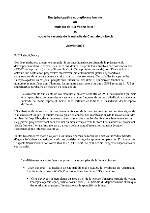 (PDF) Encéphalopathie spongiforme bovine ou maladie de « la Vache folle ...