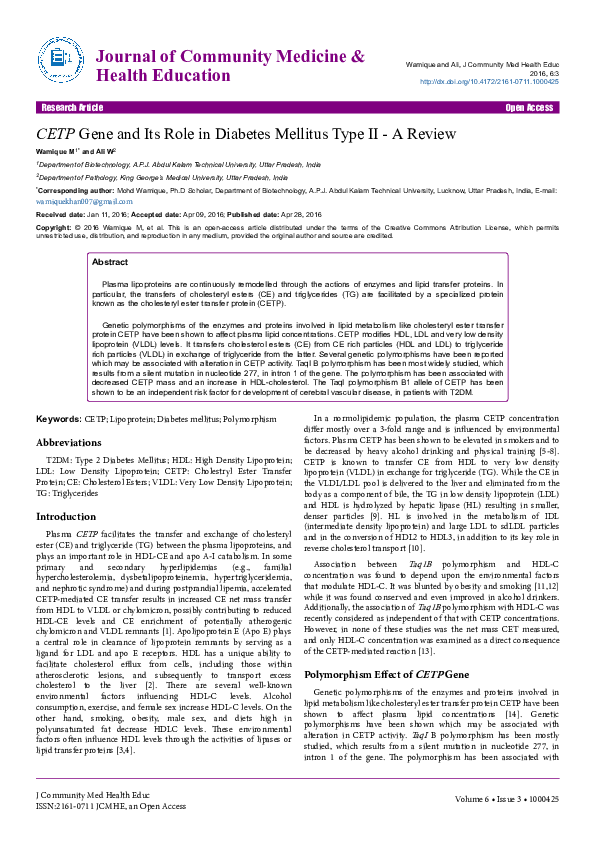 (PDF) CETP Gene and Its Role in Diabetes Mellitus Type II -A Review