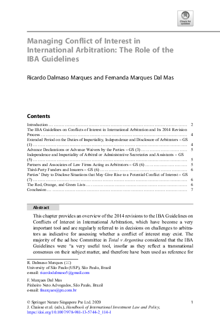 (PDF) Managing Conflict of Interest in International Arbitration: The Role of the IBA Guidelines