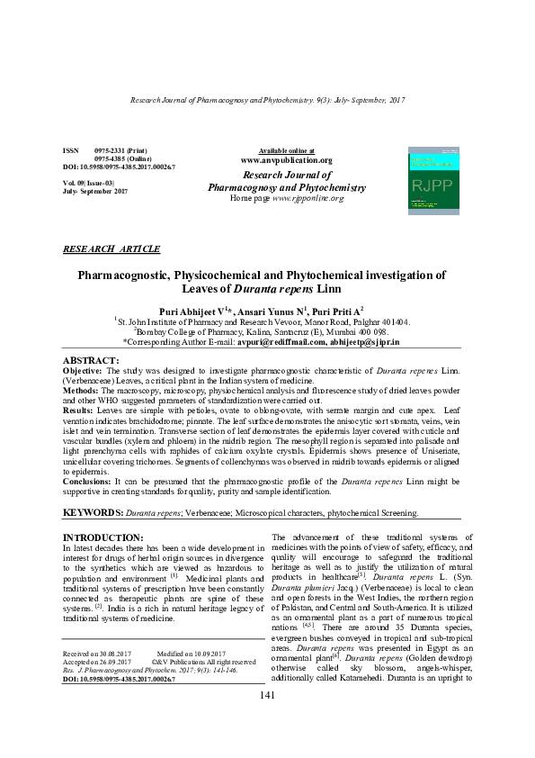 (PDF) Pharmacognostic, Physicochemical and Phytochemical investigation of Leaves of Duranta ...