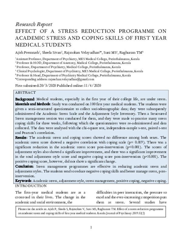 (PDF) EFFECT OF A STRESS REDUCTION PROGRAMME ON ACADEMIC STRESS AND COPING SKILLS OF FIRST YEAR ...