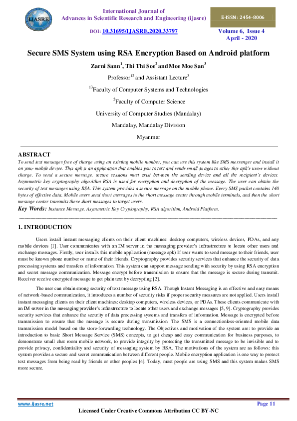 Pdf Licensed Under Creative Commons Attribution Cc By Nc Secure Sms System Using Rsa