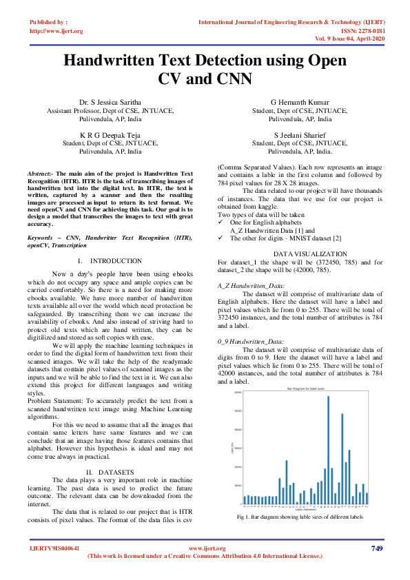 Pdf Ijert Handwritten Text Detection Using Open Cv And Cnn Ijert Journal