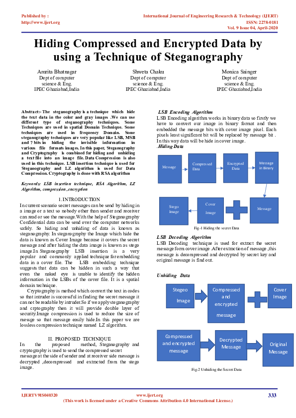 Pdf Ijert Hiding Compressed And Encrypted Data By Using A Technique Of Steganography Ijert 9461