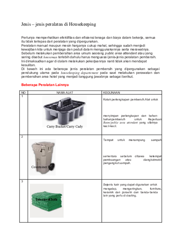 (DOC) Jenis - jenis Peralatan di Housekeeping