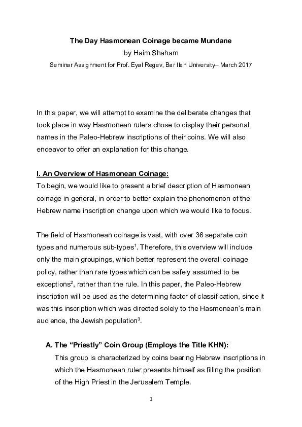 (PDF) The Day Hasmonean Coinage became Mundane