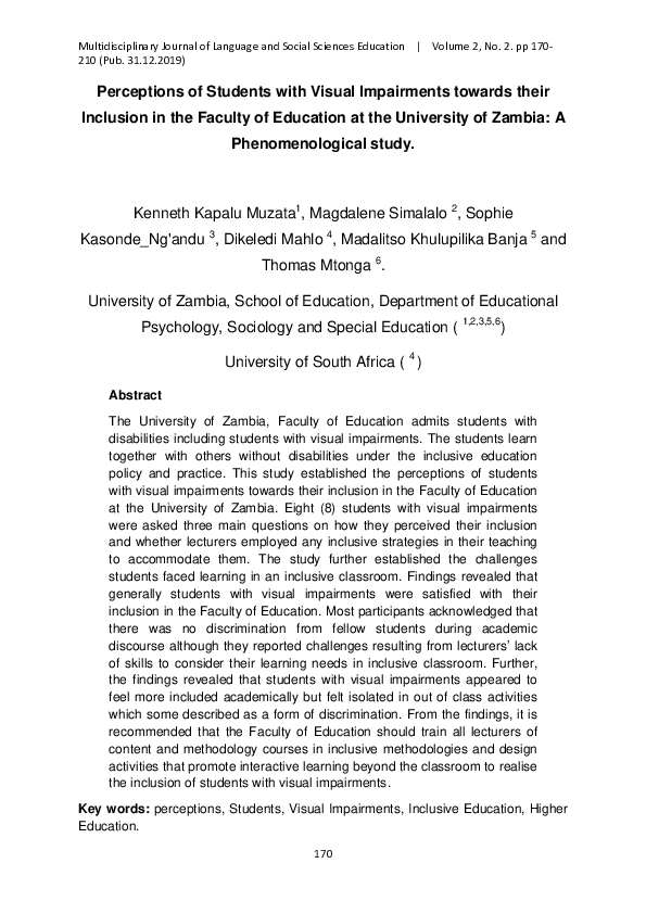 (PDF) Muzata et al Inclusive education at UNZA faculty of Education