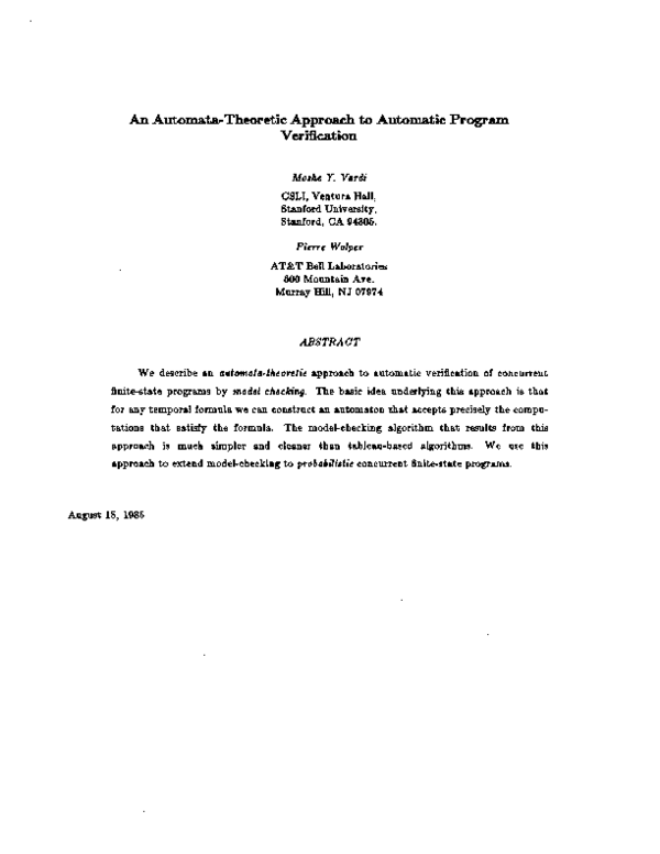 Pdf An Automata Theoretic Approach To Automatic Program Verification 9034