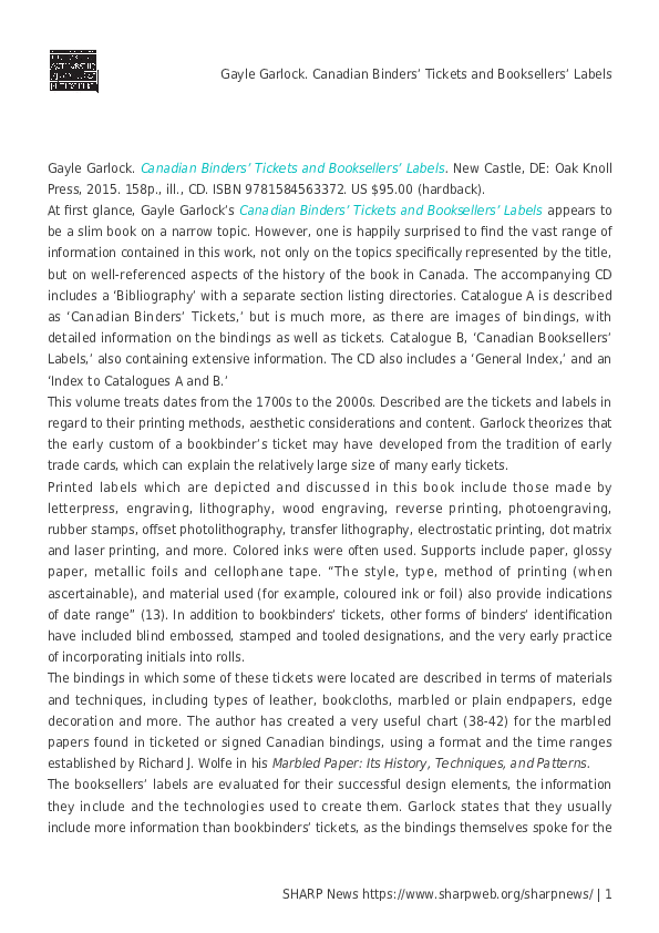 (PDF) Gayle Garlock. Canadian Binders’ Tickets and Booksellers’ Labels