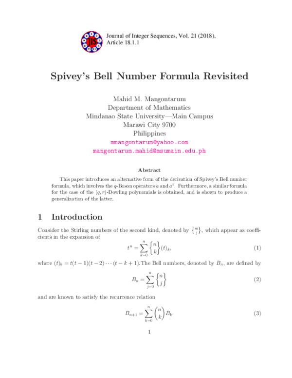 (PDF) Spivey's Bell Number Formula Revisited