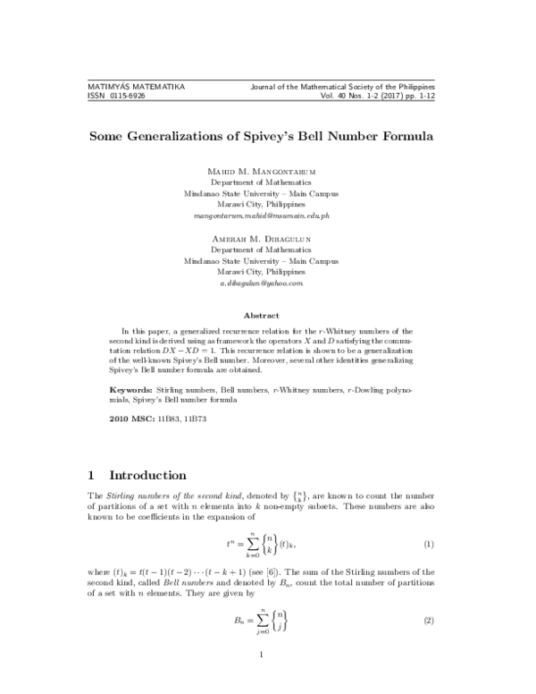 (PDF) Some Generalizations of Spivey's Bell Number Formula