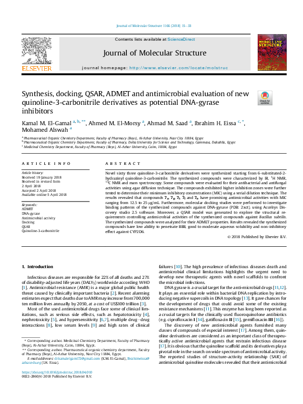 (PDF) Synthesis, docking, QSAR, ADMET and antimicrobial evaluation of new quinoline-3 ...