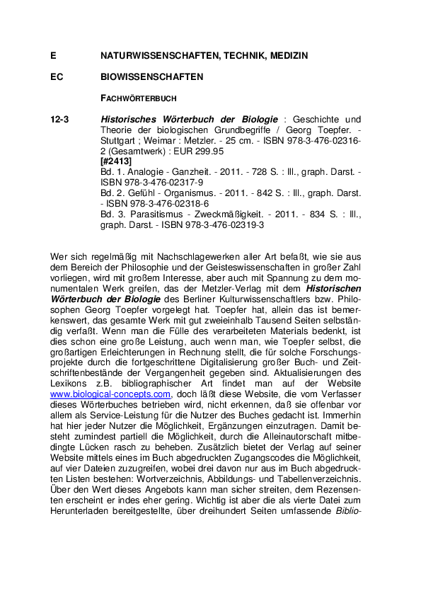 (PDF) IFB-Rezension Historisches Wörterbuch der Biologie : Geschichte ...