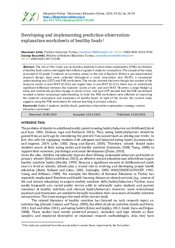 (PDF) Developing and implementing prediction-observation- explanation worksheets of healthy ...