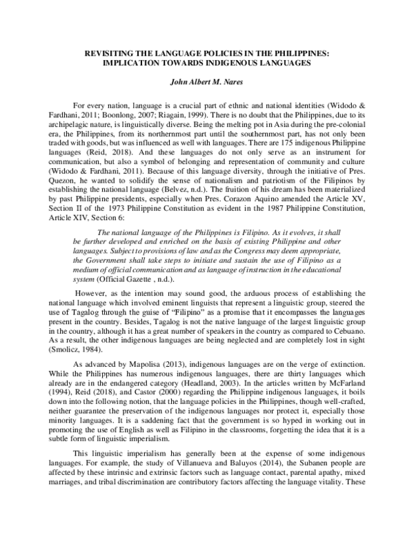 (PDF) REVISITING THE LANGUAGE POLICIES IN THE PHILIPPINES: IMPLICATION TOWARDS INDIGENOUS LANGUAGES