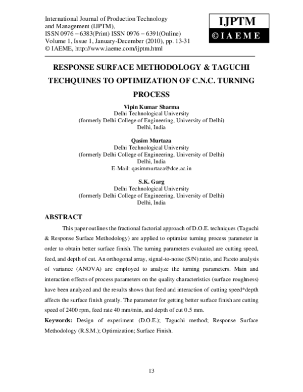 (PDF) RESPONSE SURFACE METHODOLOGY & TAGUCHI TECHQUINES TO OPTIMIZATION OF C.N.C. TURNING ...