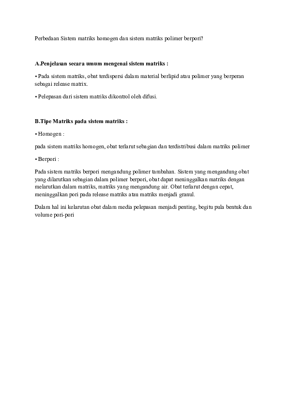 (DOC) Perbedaan Sistem matriks homogen dan sistem matriks polimer berpori