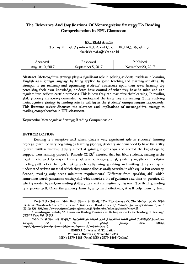 Pdf The Relevance And Implications Of Metacognitive Strategy To Reading Comprehension In Efl