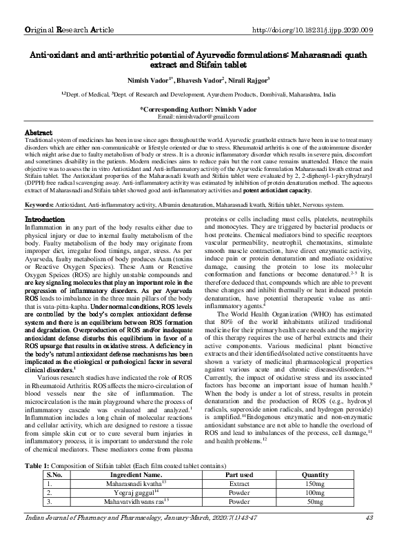 (PDF) Anti-oxidant and anti-arthritic potential of Ayurvedic ...