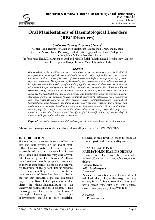 (PDF) Oral Manifestations of Haematological Disorders (RBC Disorders