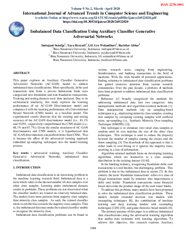 Pdf Imbalanced Data Classification Using Auxiliary Classifier Generative Adversarial Networks