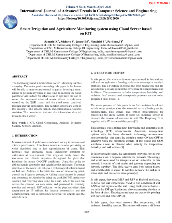 Pdf Smart Irrigation And Agriculture Monitoring System Using Cloud Server Based On Iot