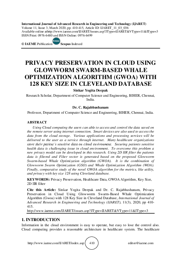 Pdf Privacy Preservation In Cloud Using Glowworm Swarm Based Whale Optimization Algorithm