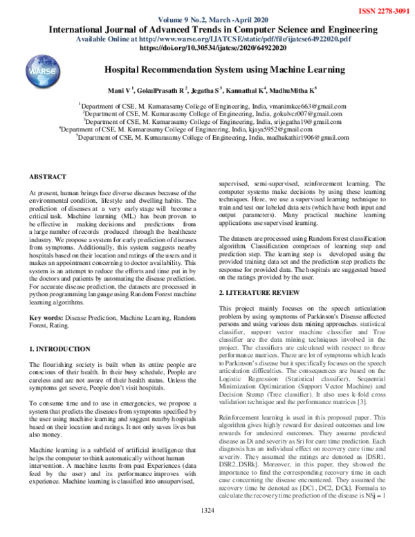 (PDF) Hospital Recommendation System using Machine Learning | WARSE The ...