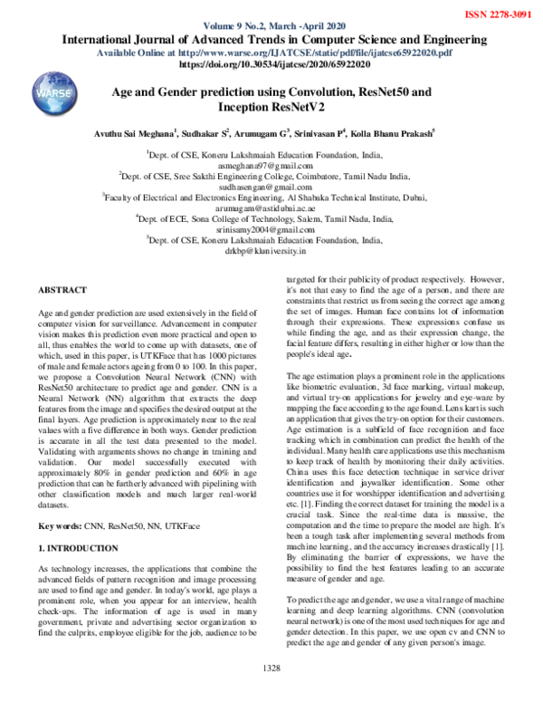 Pdf Age And Gender Prediction Using Convolution Resnet50 And