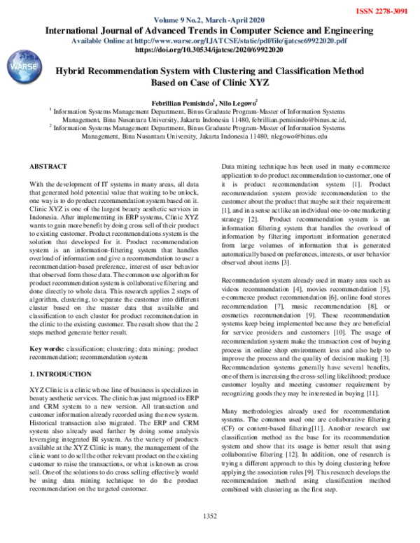 Pdf Hybrid Recommendation System With Clustering And Classification