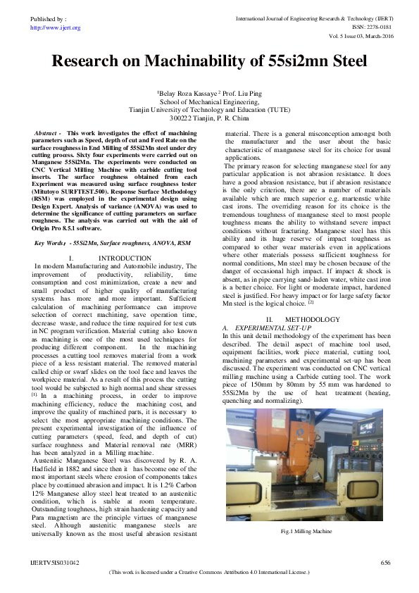 (PDF) IJERT-Research on Machinability of 55si2mn Steel