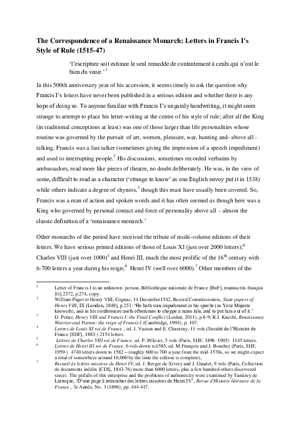 (PDF) The Correspondence of a Renaissance Monarch: Letters in Francis I ...