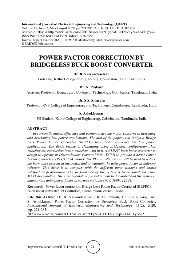 (PDF) POWER FACTOR CORRECTION BY BRIDGELESS BUCK BOOST CONVERTER