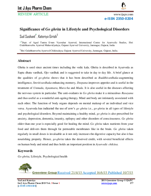 (PDF) Int J Ayu Pharm Chem Significance of Go ghrita in Lifestyle and ...