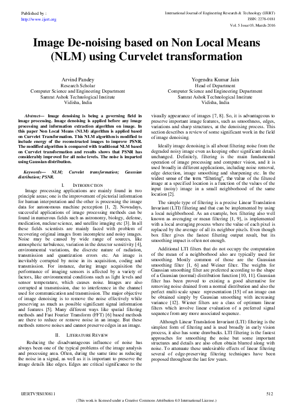 Pdf Ijert Image De Noising Based On Non Local Means Nlm Using Curvelet Transformation