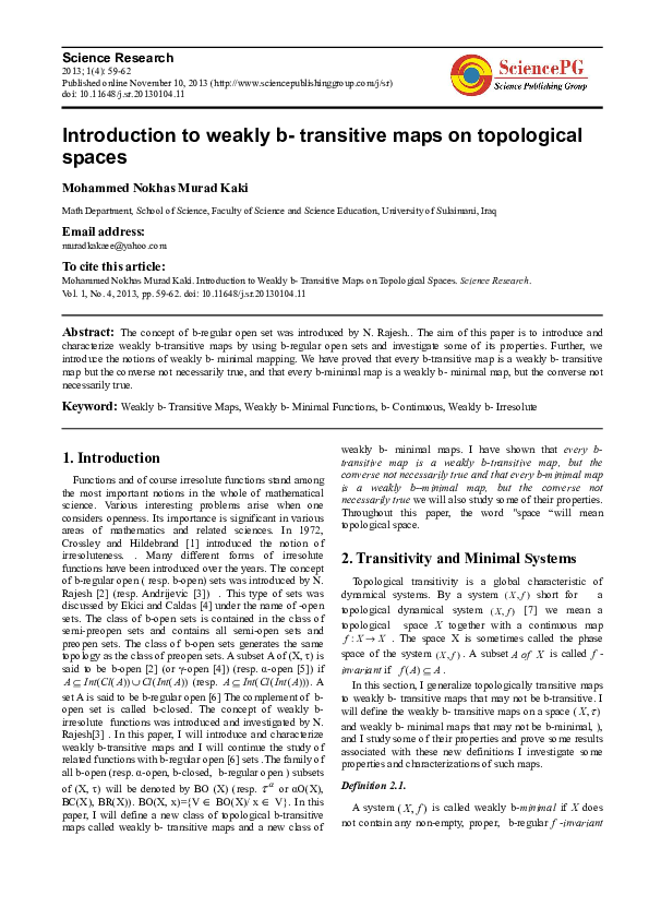 (PDF) Introduction to Weakly b-Transitive Maps on Topological Spaces