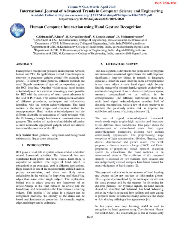 Pdf Human Computer Interaction Using Hand Gesture Recognition