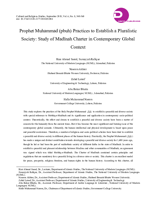 (PDF) Prophet Muhammad (pbuh) Practices to Establish a Pluralistic ...