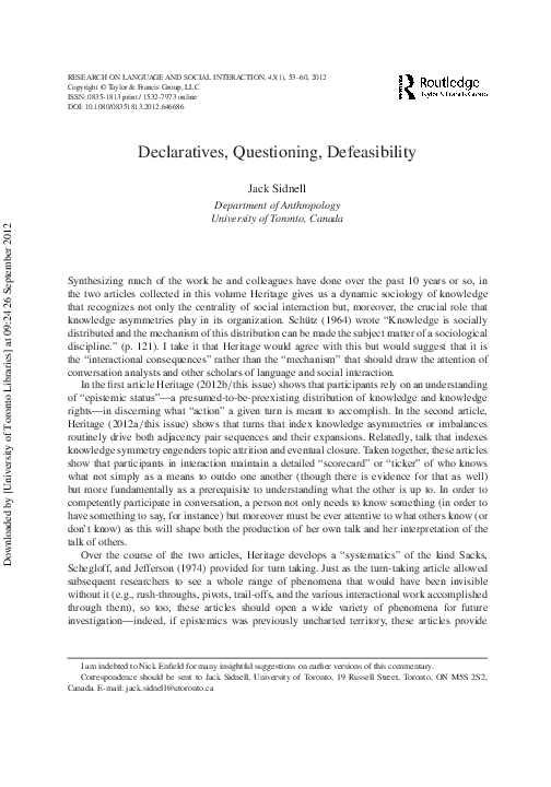 (PDF) Declaratives, Questioning, Defeasibility