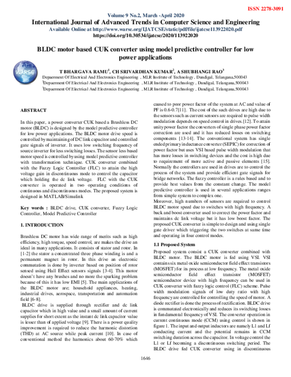 (PDF) BLDC motor based CUK converter using model predictive controller for low power applications