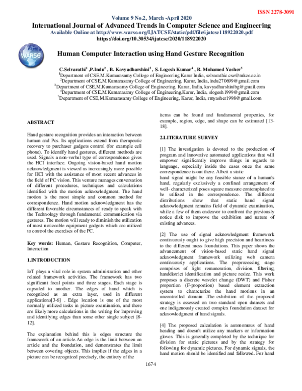 Pdf Human Computer Interaction Using Hand Gesture Recognition