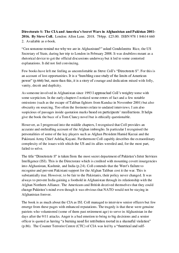 (PDF) Review of "Directorate S" by Steve Coll