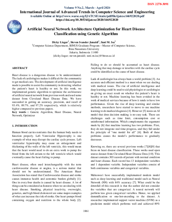 (PDF) Artificial Neural Network Architecture Optimization for Heart Disease Classification using ...