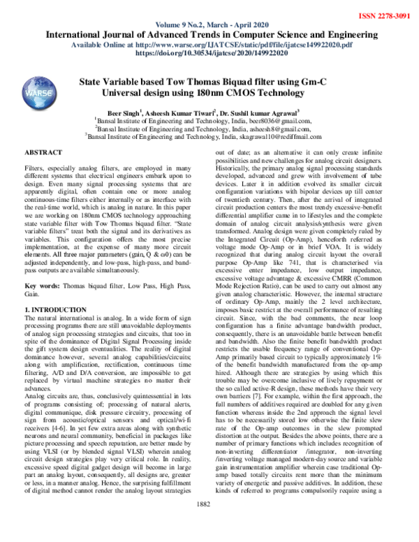 (PDF) State Variable based Tow Thomas Biquad filter using Gm-C Universal design using 180nm CMOS ...