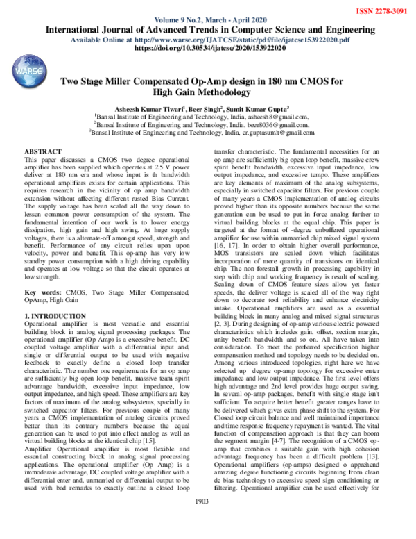 (PDF) Two Stage Miller Compensated Op-Amp design in 180 nm CMOS for High Gain Methodology