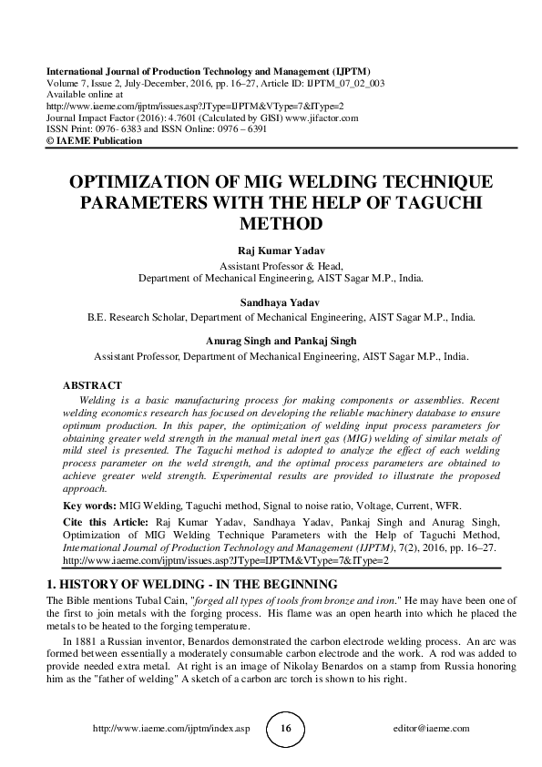 Pdf Optimization Of Mig Welding Technique Parameters With The Help Of Taguchi Method