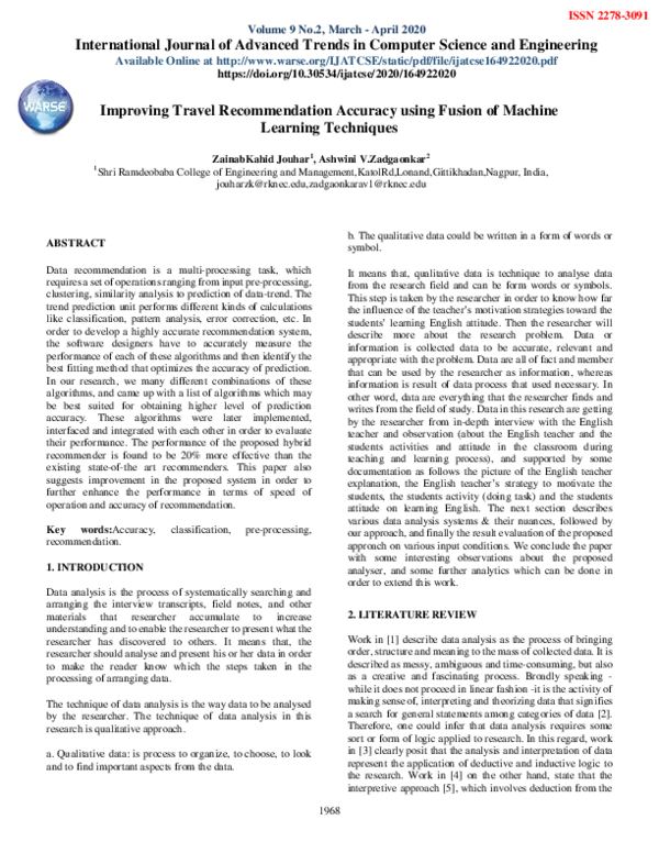 (PDF) Improving Travel Recommendation Accuracy using Fusion of Machine ...