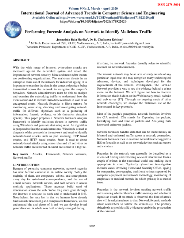 (PDF) Performing Forensic Analysis on Network to Identify Malicious Traffic
