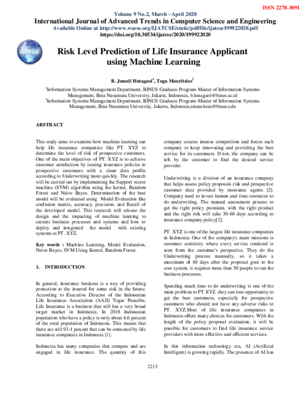 (PDF) Risk Level Prediction of Life Insurance Applicant using Machine ...